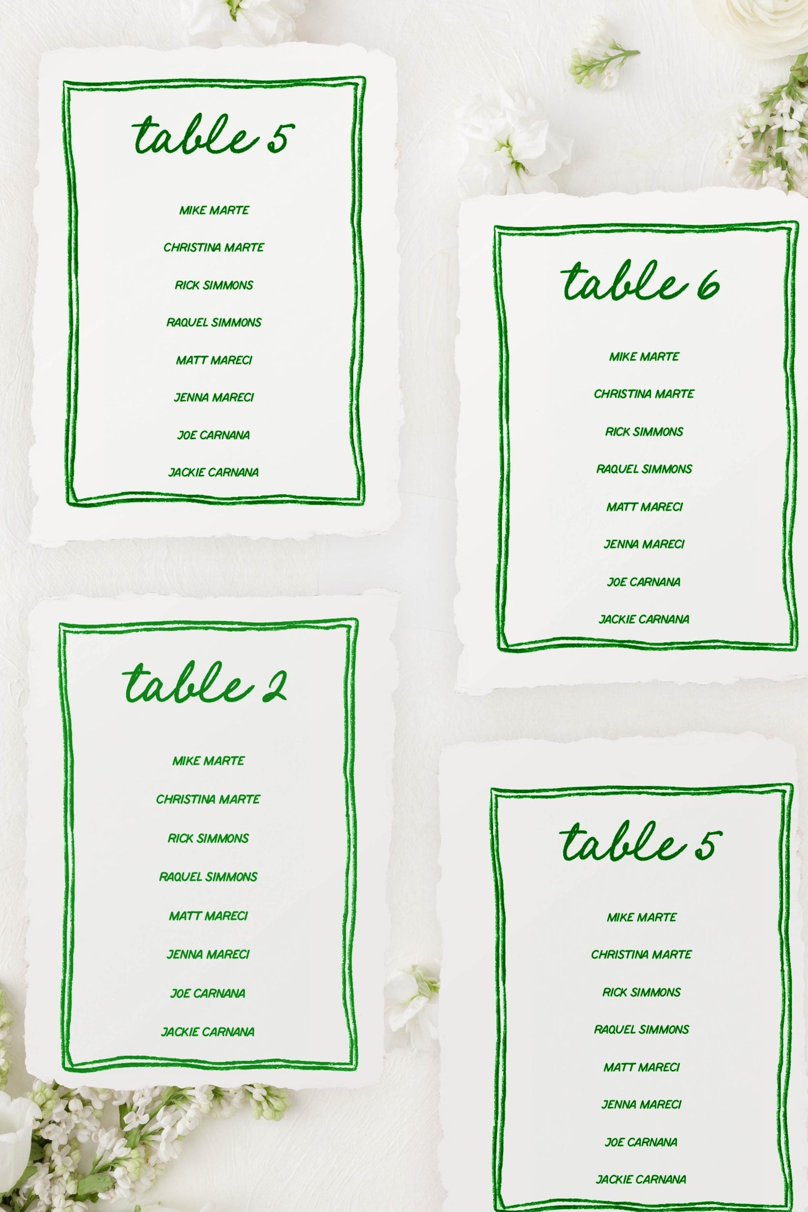 Green Hand-Drawn Doodle Seating Chart Cards | Printed | 1 – Cotton & Bow