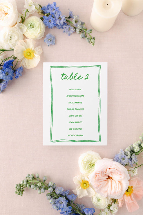 Green Hand-Drawn Doodle Seating Chart Cards | Printed | 1 – Cotton & Bow