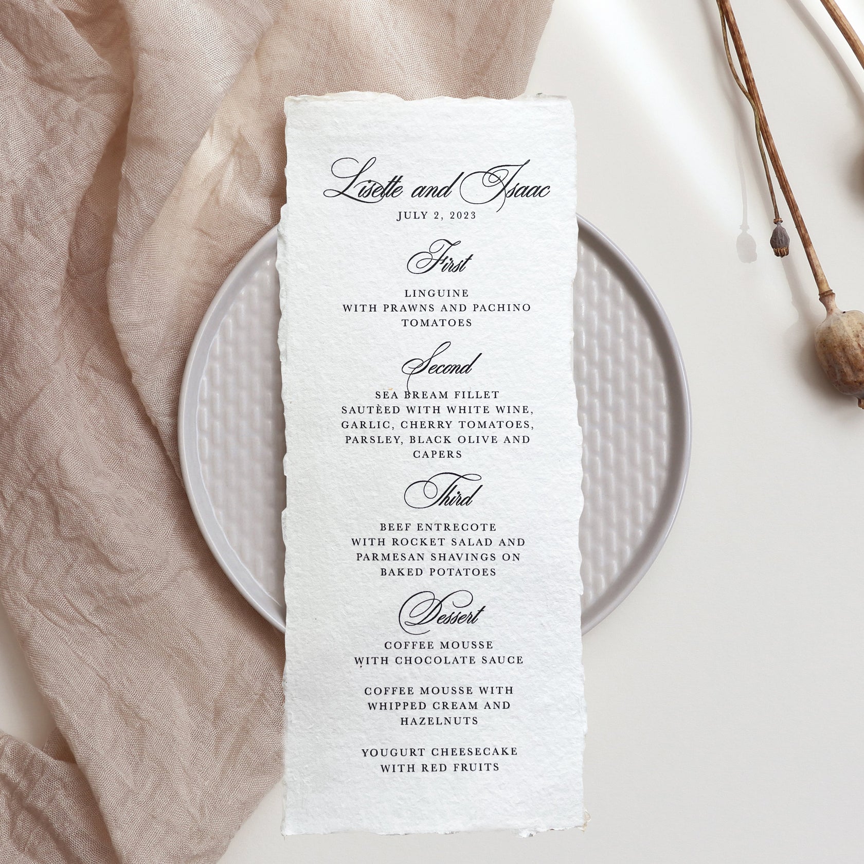 Semi-custom Formal Handmade Paper Wedding Menu | Set of 10 | Printed ...